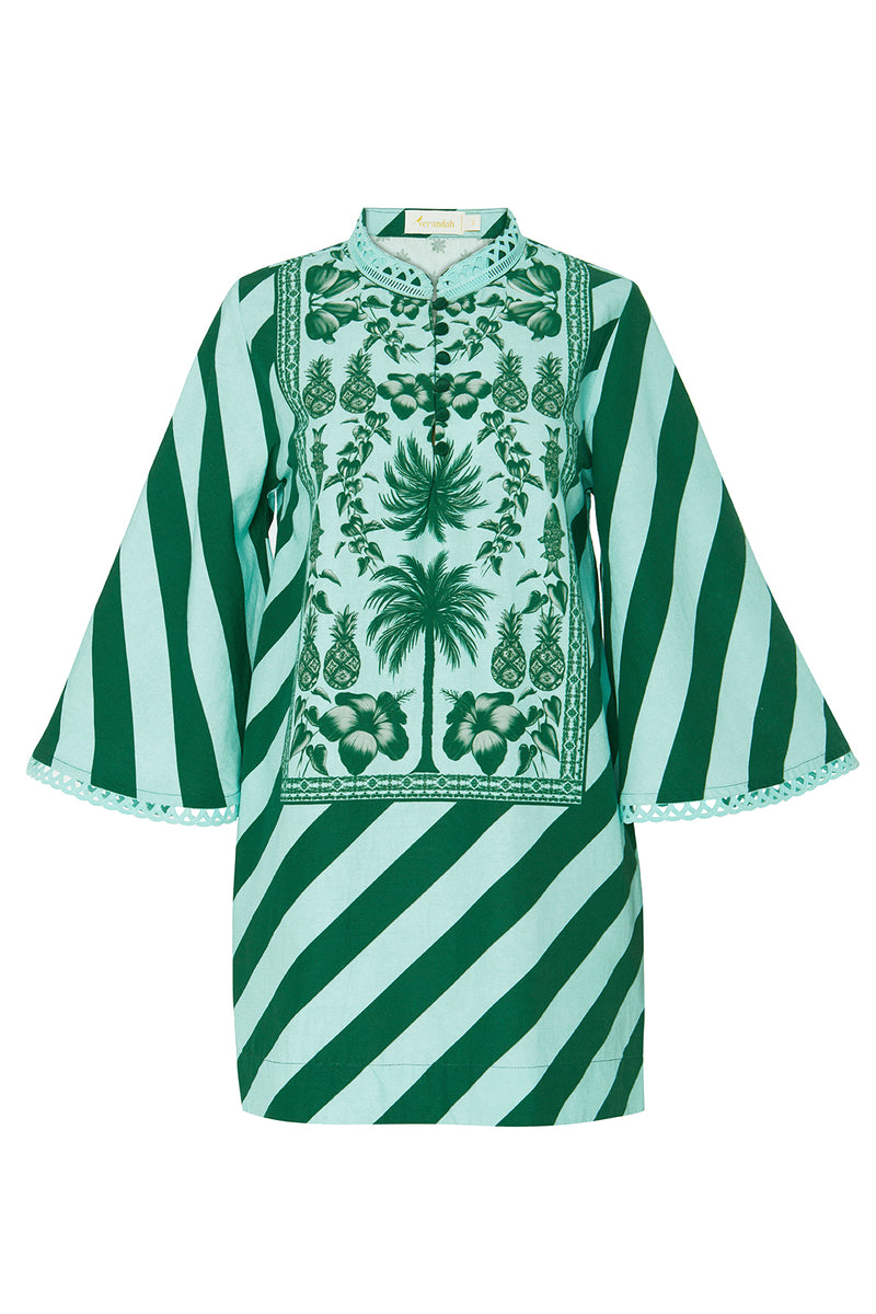 Women's Aqua & Emerald Green Palm Azulejo Mini Kaftan Dress - Verandah